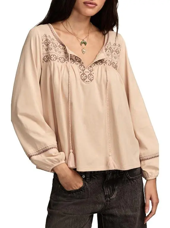 Lucky Brand Embroidered Tie-neck Peasant Top - Peach Blossom