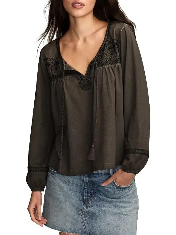 Lucky Brand Embroidered Tie-neck Peasant Top - Raven