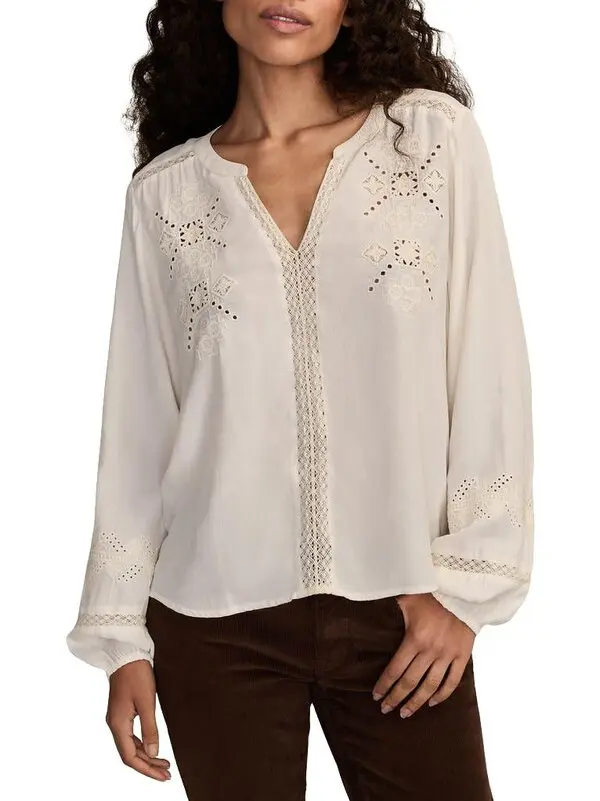 Lucky Brand Schiffli Lace Accent Peasant Top - White