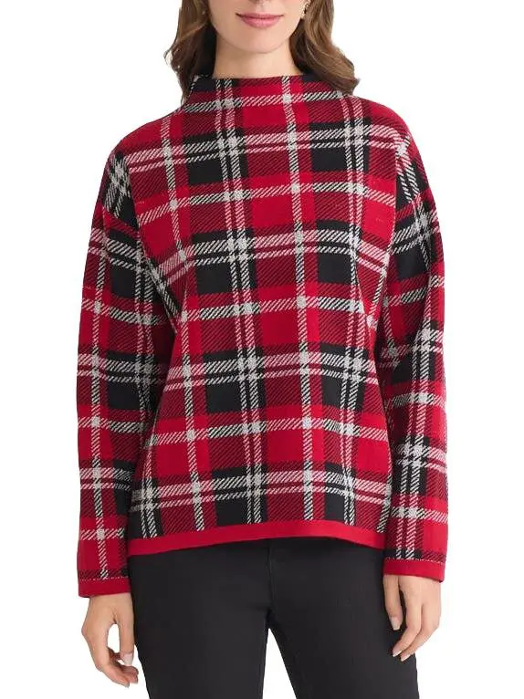 Jones New York Jacquard Plaid Funnel Neck Sweater - Venetian Red Multi