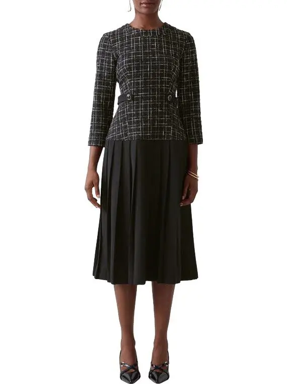 LK BENNETT Metallic Tweed Pleated Dress - Black Ivory