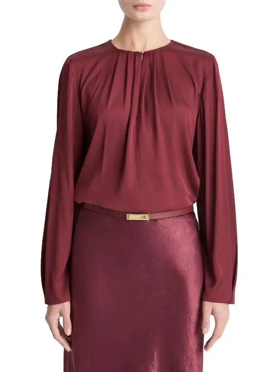 Vince Pleated Neck Silk Blend Top - Bordeaux
