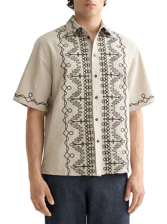 Scotch & Soda Oversize Embroidered Short Sleeve Cotton Seersucker Button-up Shirt - Plaza Taupe