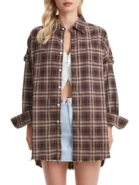 BAYEAS Plaid Oversized Shirt With Frayed Edges - Brown/khaki Plaid