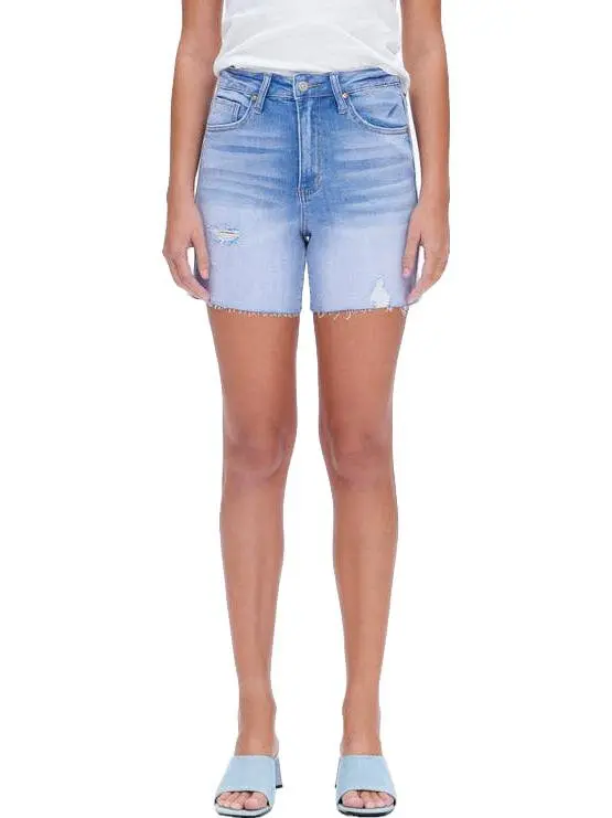 BAYEAS High Waist Mid-thigh Denim Shorts With Raw Hem - Fresh Blue