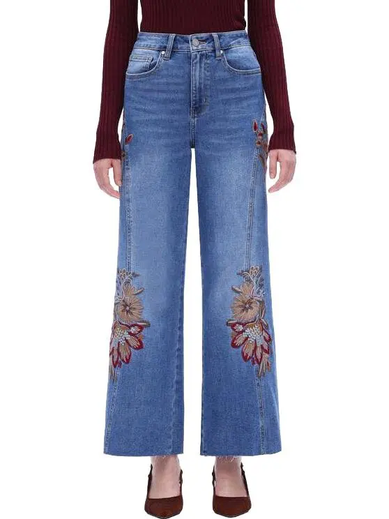 BAYEAS Floral Embroidered Wide Leg Jeans - Medium Blue