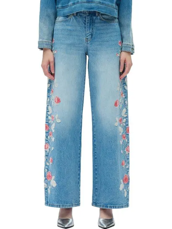 BAYEAS Floral Embroidered High-waist Barrel Leg Jeans - Light Blue