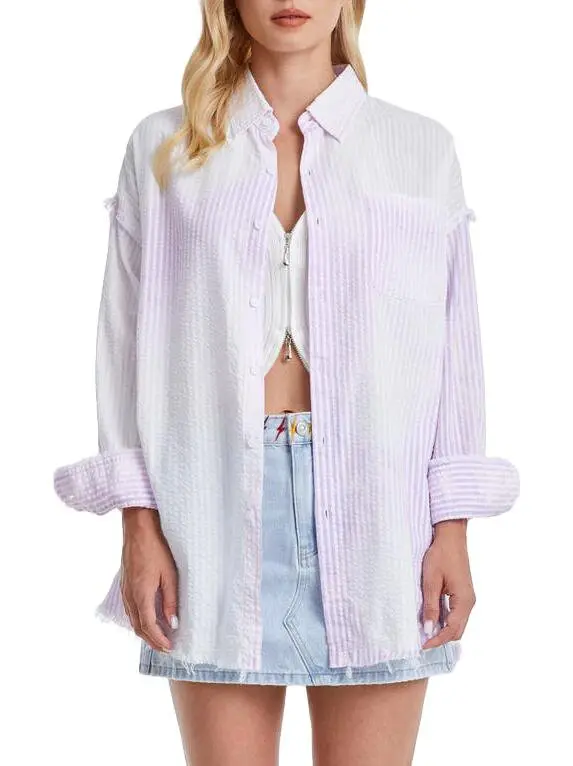 BAYEAS Fringe Longline Cotton Shirt - Light Purple/white Stripe