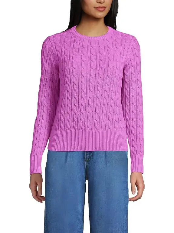 LANDS' END Cable Crew Neck Pullover - Aster Pink