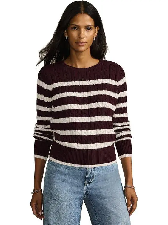 LANDS' END Cable Crew Neck Pullover - Burgundy/ivory Latte Stripe