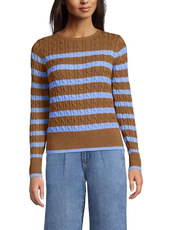 LANDS' END Cable Crew Neck Pullover - Canyon Camel/blue Stripe