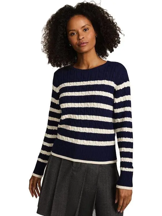 LANDS' END Cable Crew Neck Pullover - Deep Sea Navy/ivory Stripe