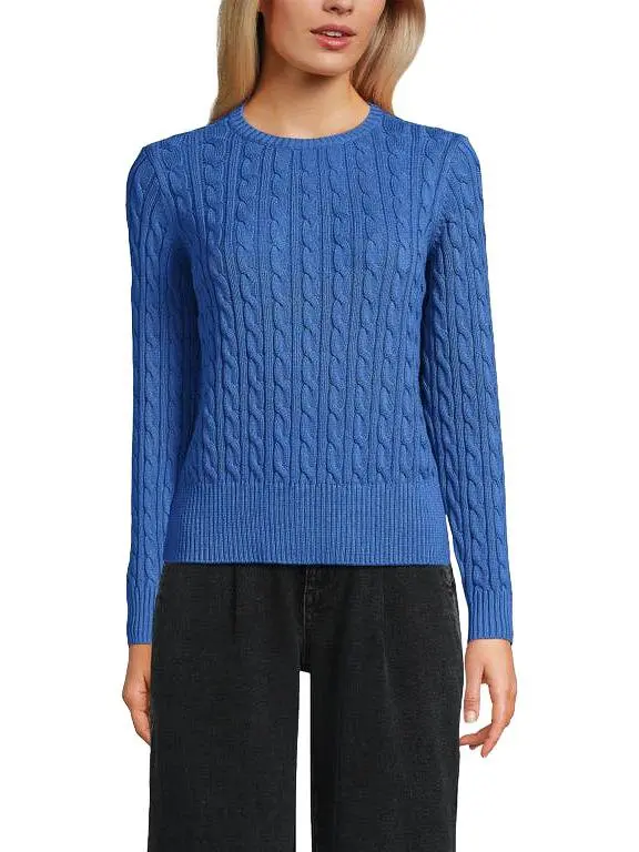 LANDS' END Cable Crew Neck Pullover - Muted Cobalt Blue