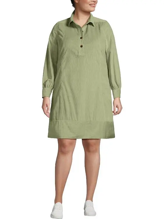 LANDS' END Wide Wale Cord Popover Long Sleeve Shirt Dress - Hawthorne Green