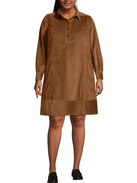 LANDS' END Wide Wale Cord Popover Long Sleeve Shirt Dress - Maple Toffee