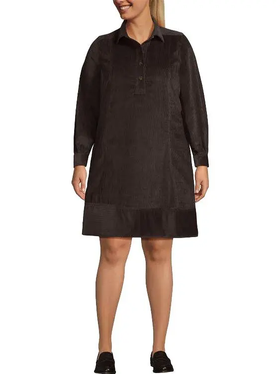 LANDS' END Wide Wale Cord Popover Long Sleeve Shirt Dress - Rich Coffee