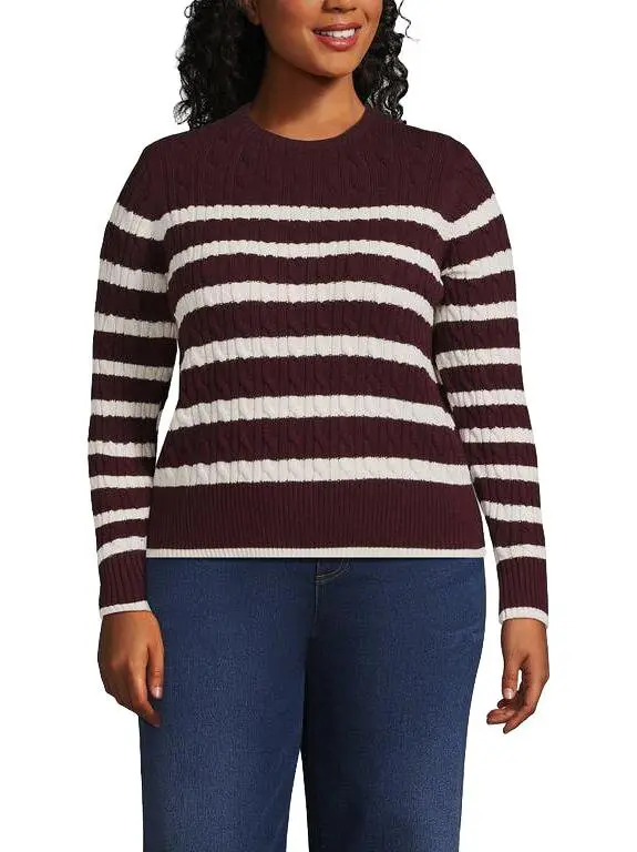 LANDS' END Drifter Modern Cable Crewneck Sweater - Burgundy/ivory Latte Stripe