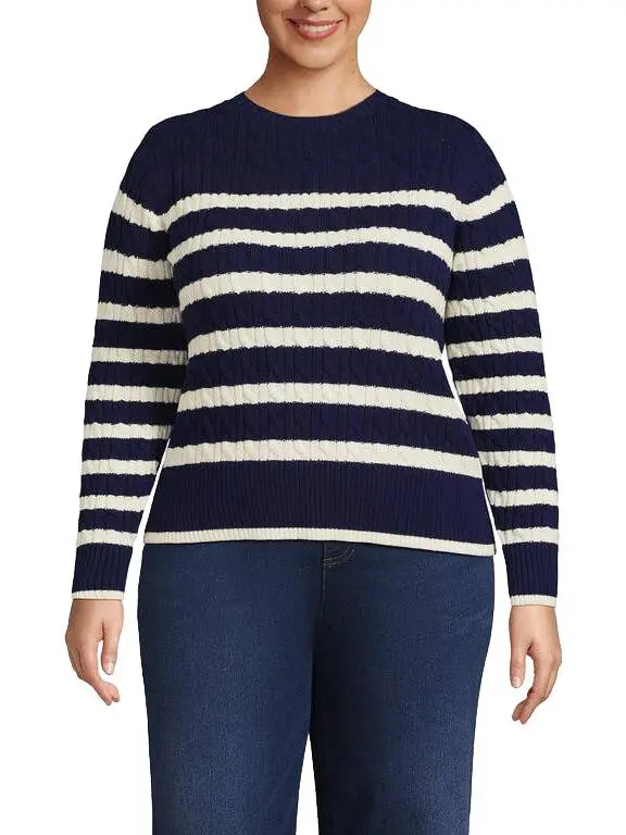 LANDS' END Drifter Modern Cable Crewneck Sweater - Deep Sea Navy/ivory Stripe