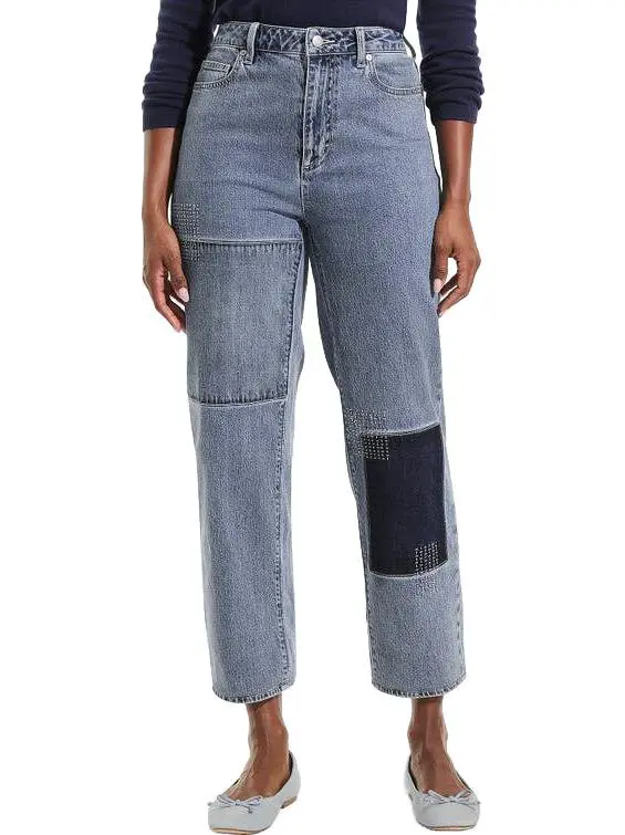 LANDS' END Soft Denim Mid Rise Relaxed Straight Crop Jeans - Beau Blue Patchwork