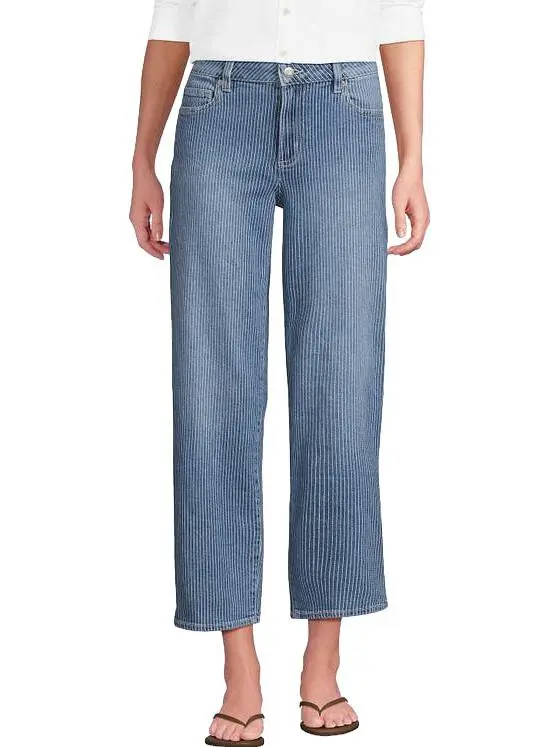LANDS' END Soft Denim Mid Rise Relaxed Straight Crop Jeans - Beau Blue Stripe