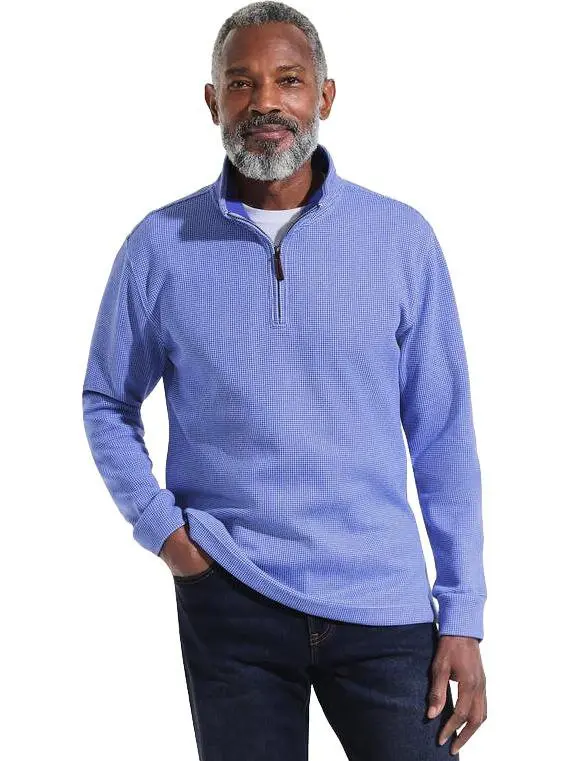 LANDS' END Bedford Rib Quarter Zip Pullover - French Blue Mini Gingham