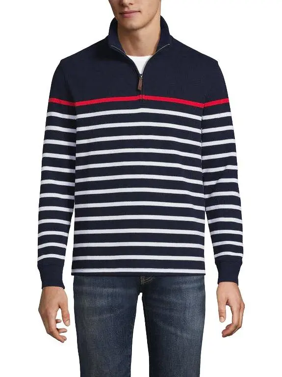 LANDS' END Bedford Rib Quarter Zip Pullover - Navy/white Placed Stripe