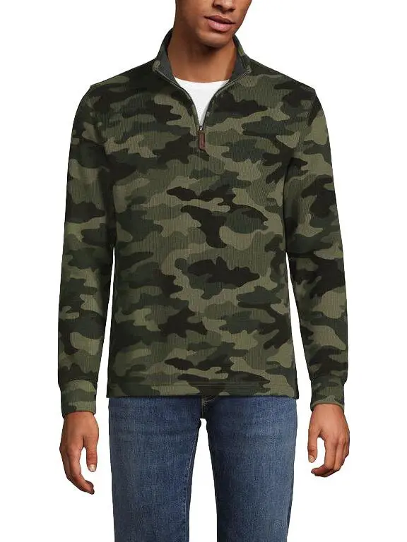 LANDS' END Bedford Rib Quarter Zip Pullover - River Stone Green Camo