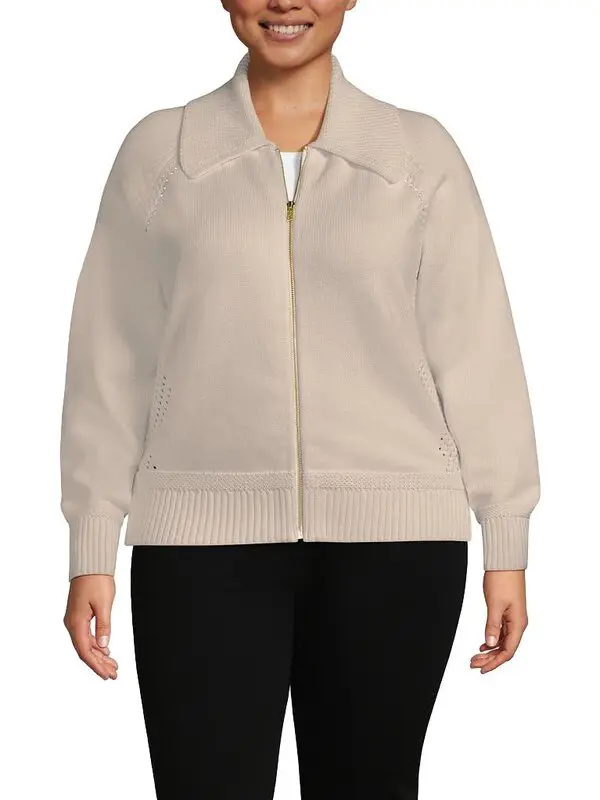 LANDS' END Drifter Large Collar Zip Front Cardigan Sweater - Fresh Ivory