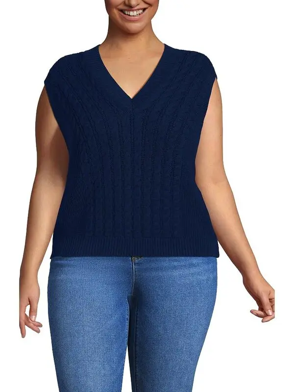 LANDS' END Drifter Modern Cable V-neck Vest - Deep Sea Navy