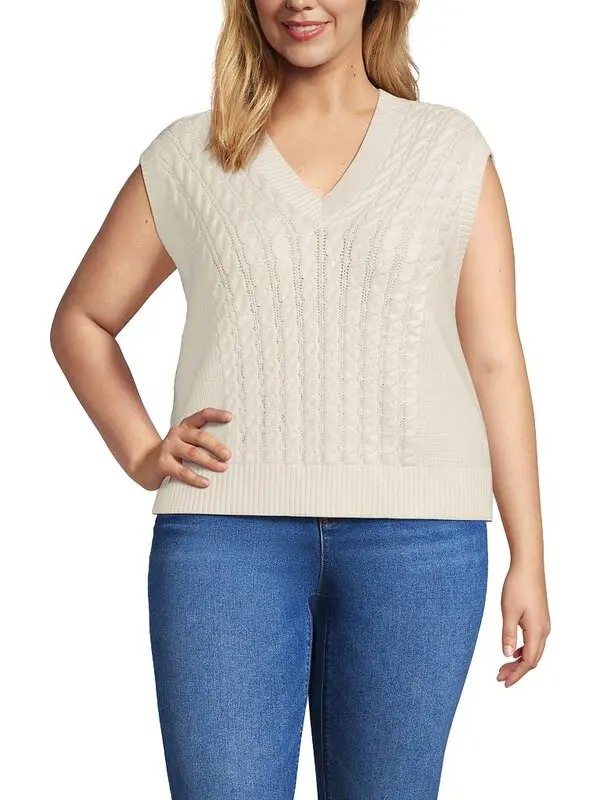 LANDS' END Drifter Modern Cable V-neck Vest - Fresh Ivory