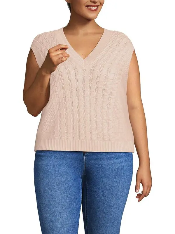 LANDS' END Drifter Modern Cable V-neck Vest - Pink Opal
