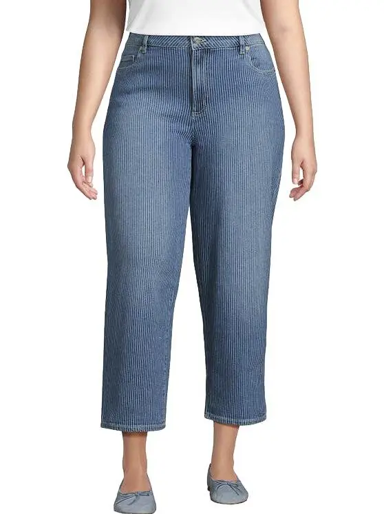 LANDS' END Soft Denim Mid-rise Relaxed Straight Crop Jeans - Beau Blue Stripe