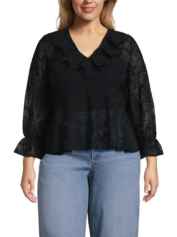LANDS' END Chiffon V-neck Ruffle Blouse - Black