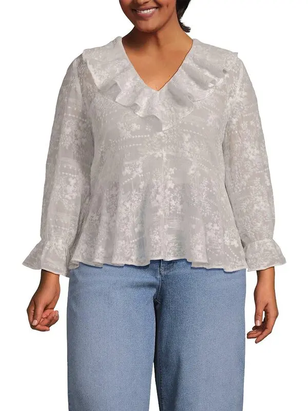 LANDS' END Chiffon V-neck Ruffle Blouse - Ivory