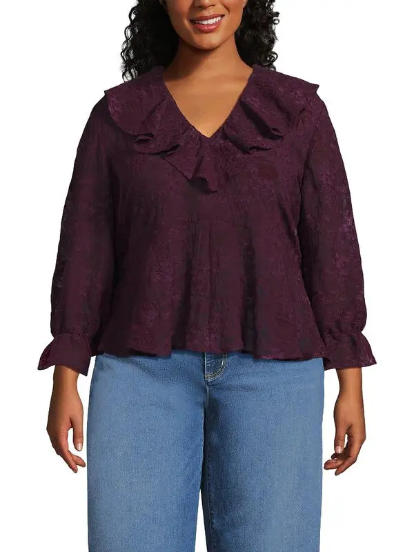 LANDS' END Chiffon V-neck Ruffle Blouse - Lush Burgundy