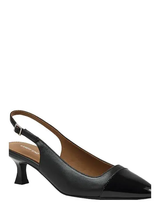 LANDS' END Leather Slingback Cap Toe Kitten Heels - Black