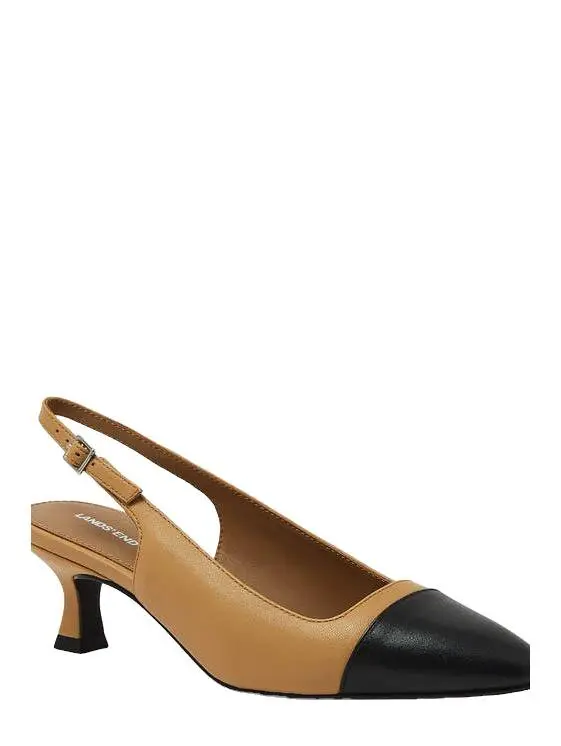 LANDS' END Leather Slingback Cap Toe Kitten Heels - Tan/black
