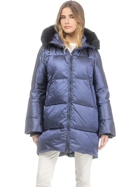 Gorski Après-ski Horizontal Jacket With Detachable Shearling Hood Trim - Ocean Blue/black