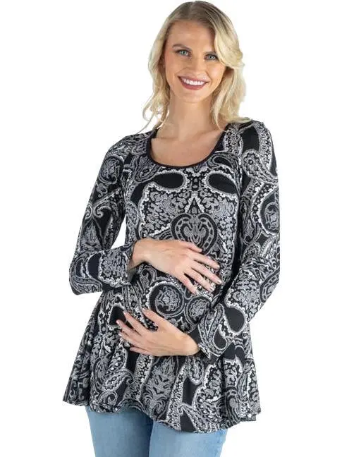 24SEVEN COMFORT APPAREL Maternity Paisley Print Tunic Top - Black Multi