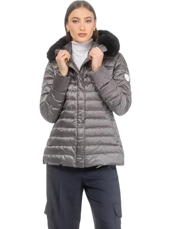 Gorski Short Down Jacket With Detachable Shearling Hood Trim - Greige/black