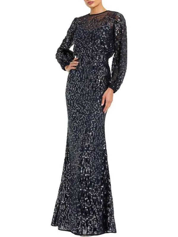 Mac Duggal Sequin Long-sleeve Blouson Gown - Midnight