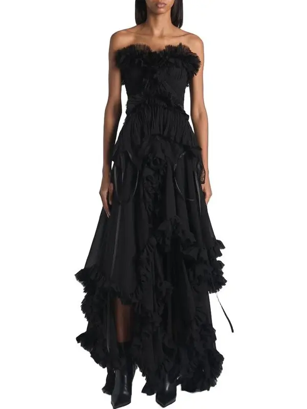 Alexander McQueen Tiered Ruffle Strapless Silk Georgette Gown - Black