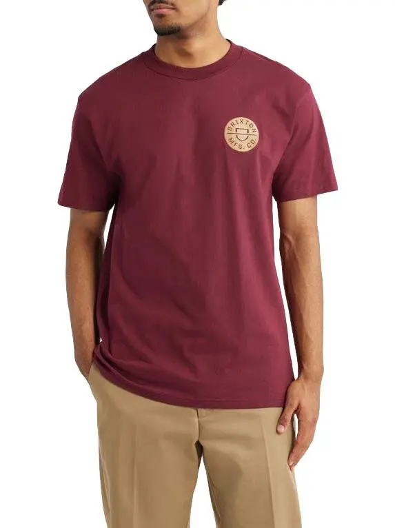 Brixton Crest Cotton Graphic T-shirt - Burgandy/tobacco/sand