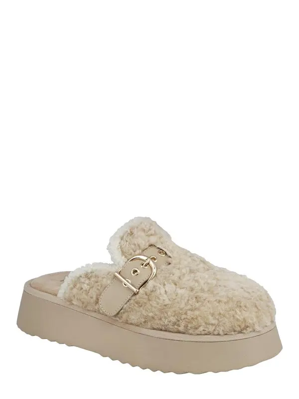 Mia Faux Shearling Platform Mules - Natural