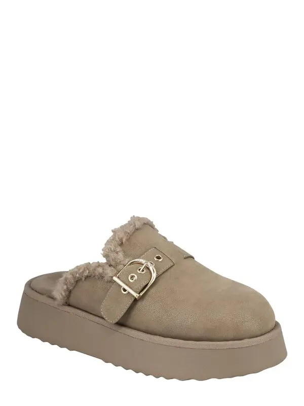 Mia Faux Shearling Platform Mules - Taupe