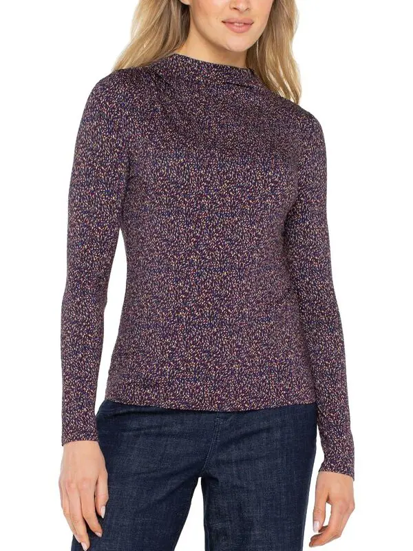 LIVERPOOL Mock Neck Long Sleeve Shirt - Wine Bry Multi