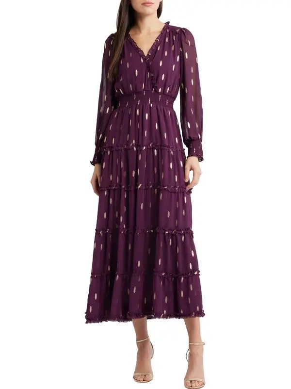 Halogen Metallic Fleck Long Sleeve Tiered Dress - Merlot