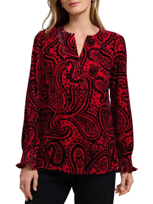 Foxcroft Paisley Velour Popover Top - Red/black