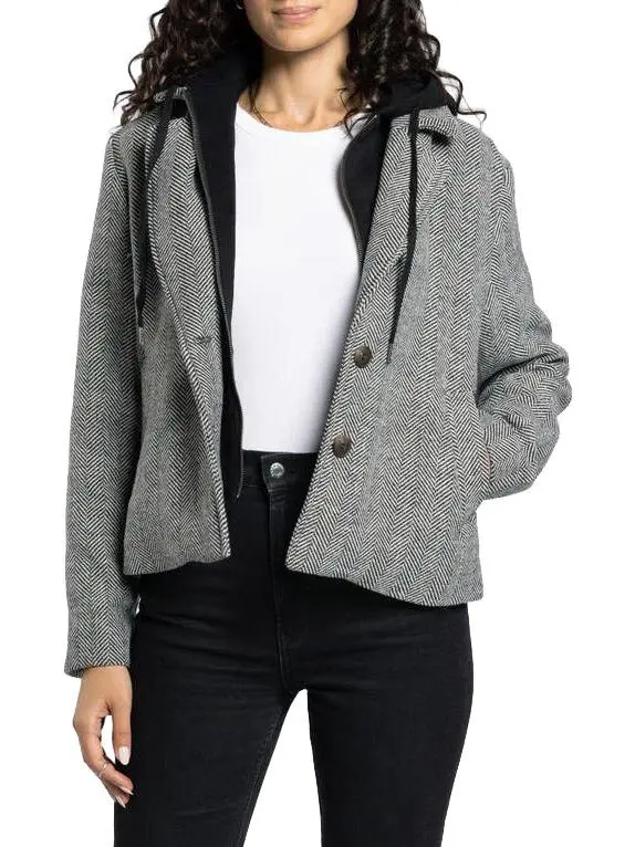 THREAD & SUPPLY Alejandra Herringbone Coat With Bib Hoodie - Charcoal Melange