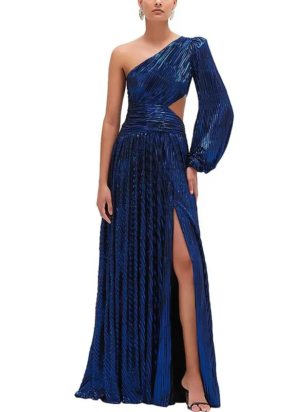 PatBO Metallic Plisse One Shoulder Gown - Dark Blue